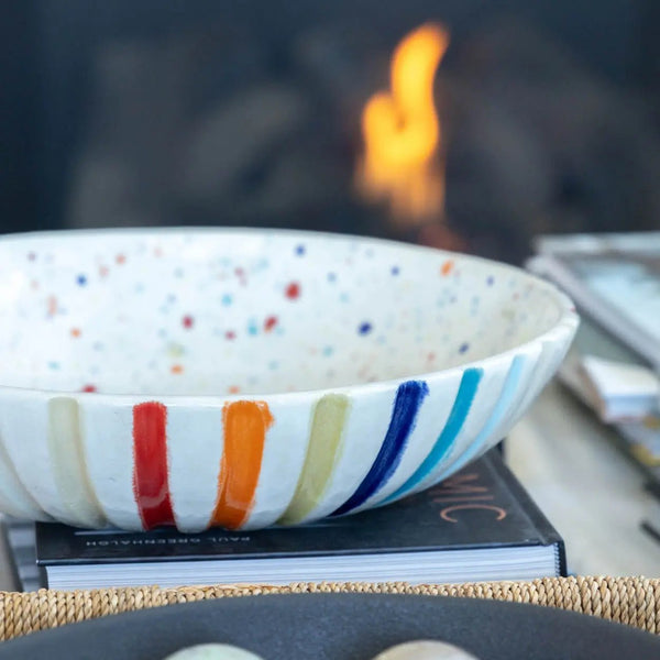#14 XL Stoneware Fluted Rainbow Decorative Serving Bowl with Rainbow ...